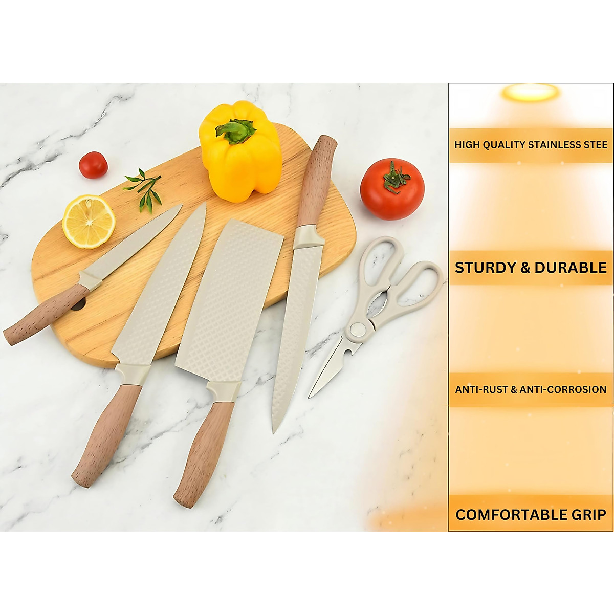 TheTJShop Kitchen Knife Set, TheTJShop 6-Piece Ultra Sharp Kitchen Knife Set with Khaki Block - Professional Anti-Rust Stainless Steel Chef Knifes for Home & Kitchen | Khaki |, 12*12*25cm