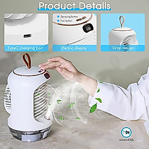 ladoweir Rotating Humidification USB Desktop Fan, 3600 mAh Battery Operated Portable Personal Fan With LED Warm Night Light, Three Speeds Adjustable for Home, Office And Bedroom