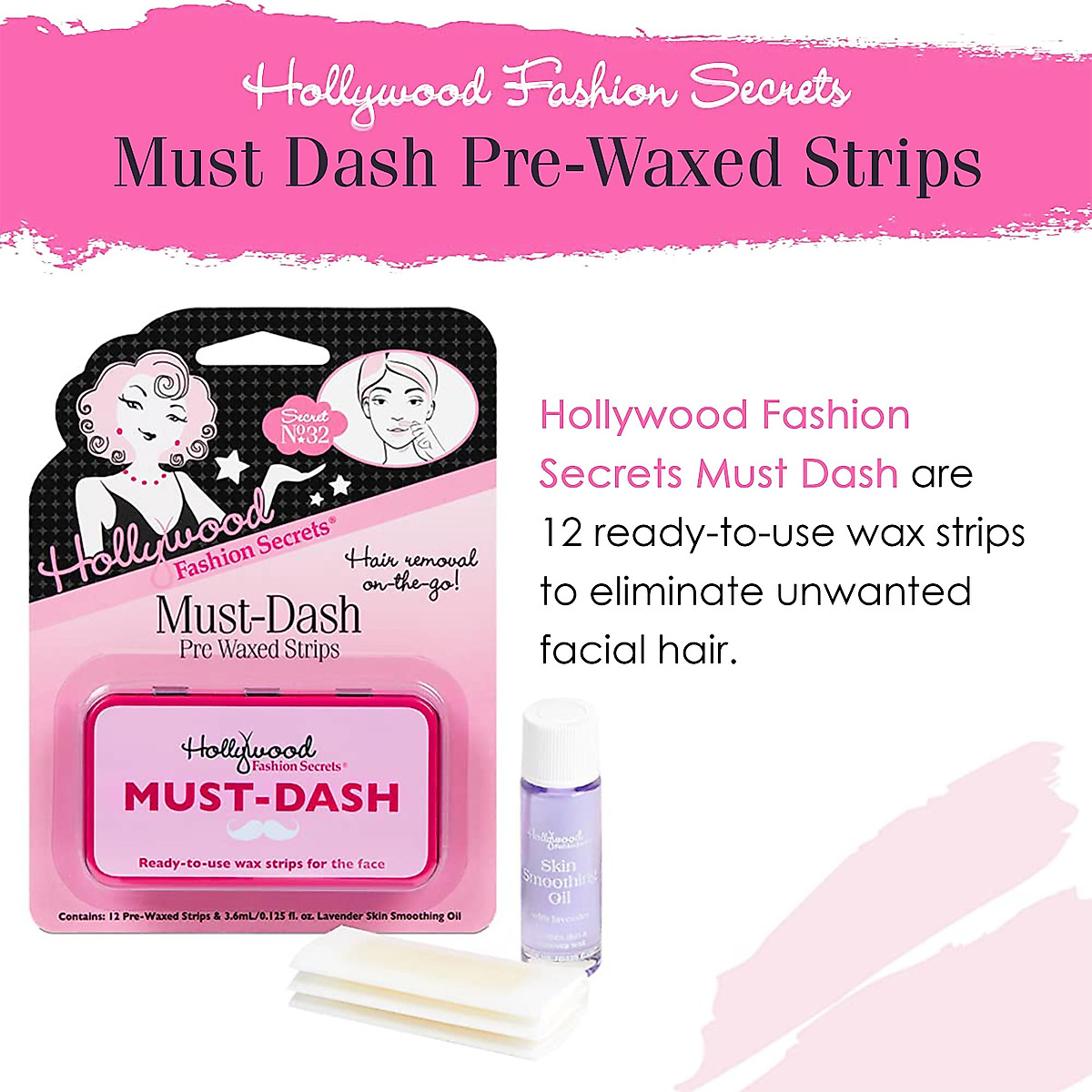 Hollywood Fashion Secrets Must Dash Pre-Waxed Strips, Quick & Efficient Hair Removal, 12 Strips