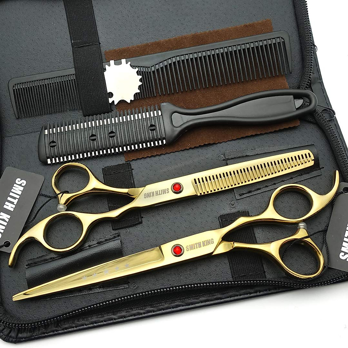 7.0 Inches Hair Cutting Scissors Set with Combs Lether Scissors Case,Hair cutting shears Hair Thinning shears For Personal and Professional (Gold)