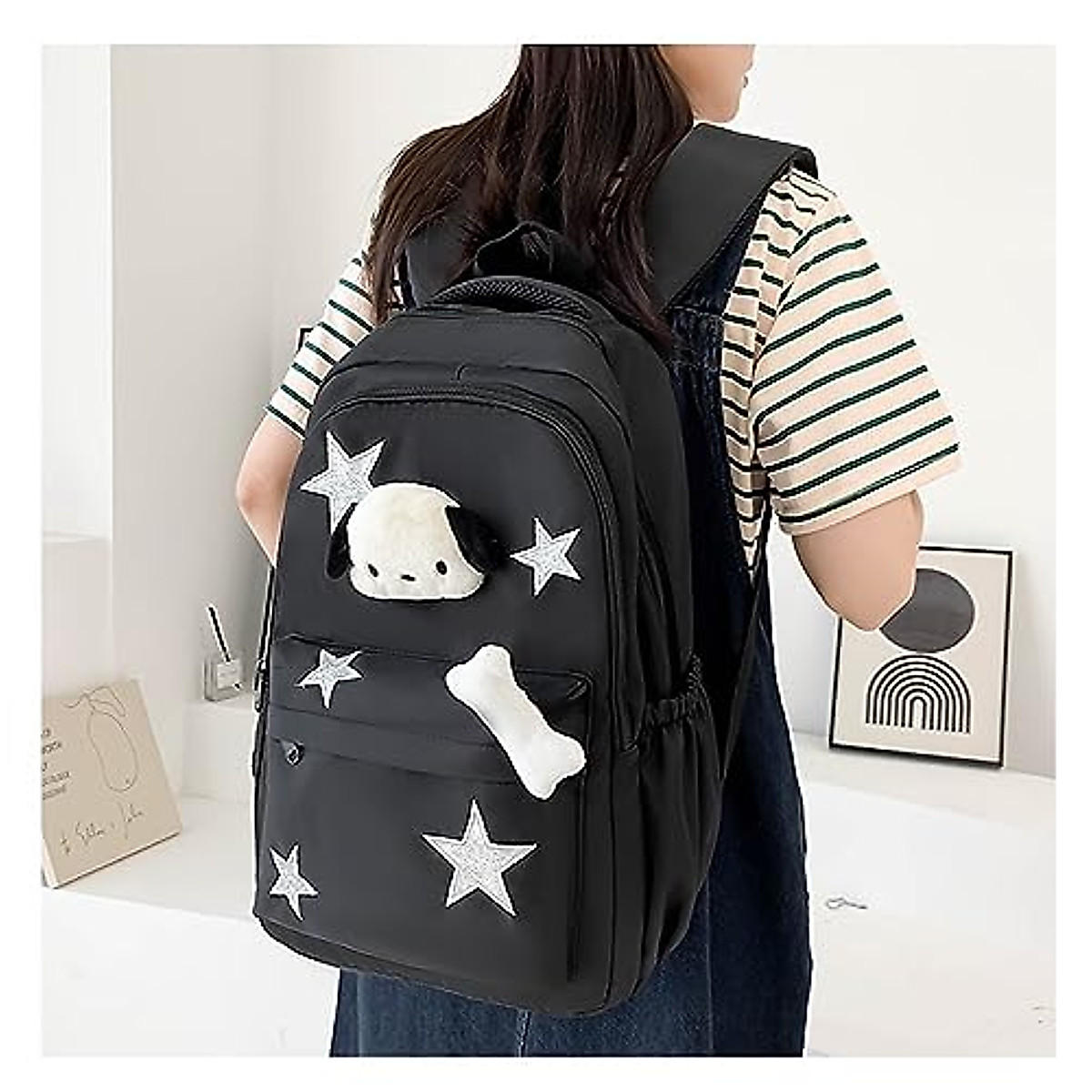 JHTPSLR Preppy Backpack with Plushies Y2K Aesthetic Backpack Sparkling Silver Stars Backpack Book Bags Cute Aesthetic Backpack (Black)