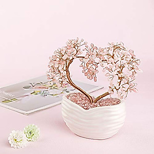 Jovivi Rose Quartz Crystal Heart Money Tree Healing Gemstone Bonsai Ornament for Wedding Ceremony Reiki Balancing Energy Meditation Feng Shui Wealth & Good Luck Home Indoor Office Decor 7.87"-8.26"
