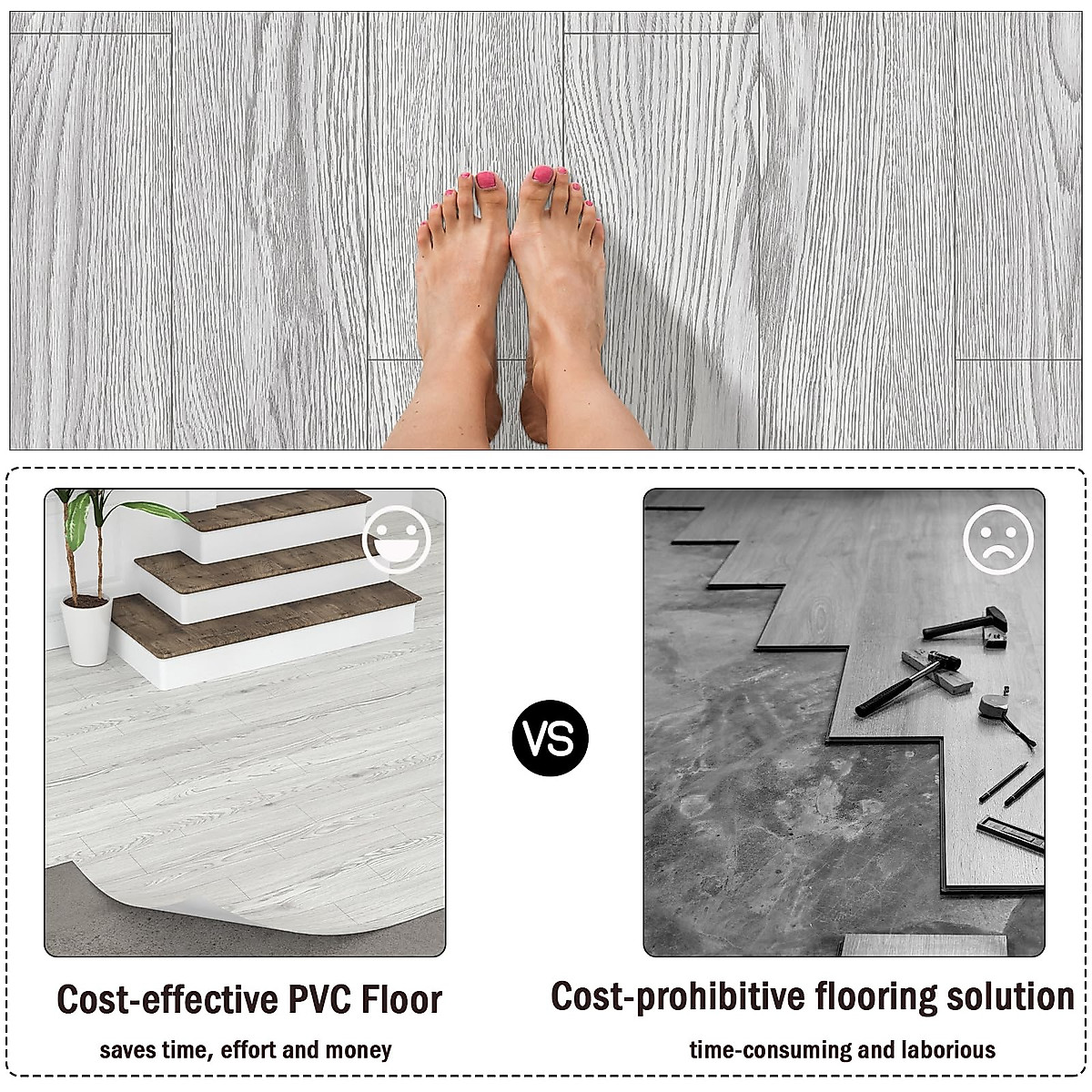 Oxdigi Peel and Stick Vinyl Flooring Roll 24"x 393"/ 64 Sq.Ft, Self Adhesive Vinyl Wood Flooring Planks Floor Tiles Stickers Waterproof for Bathroom Living Room Bedroom Kitchen RV, White Grey Wood