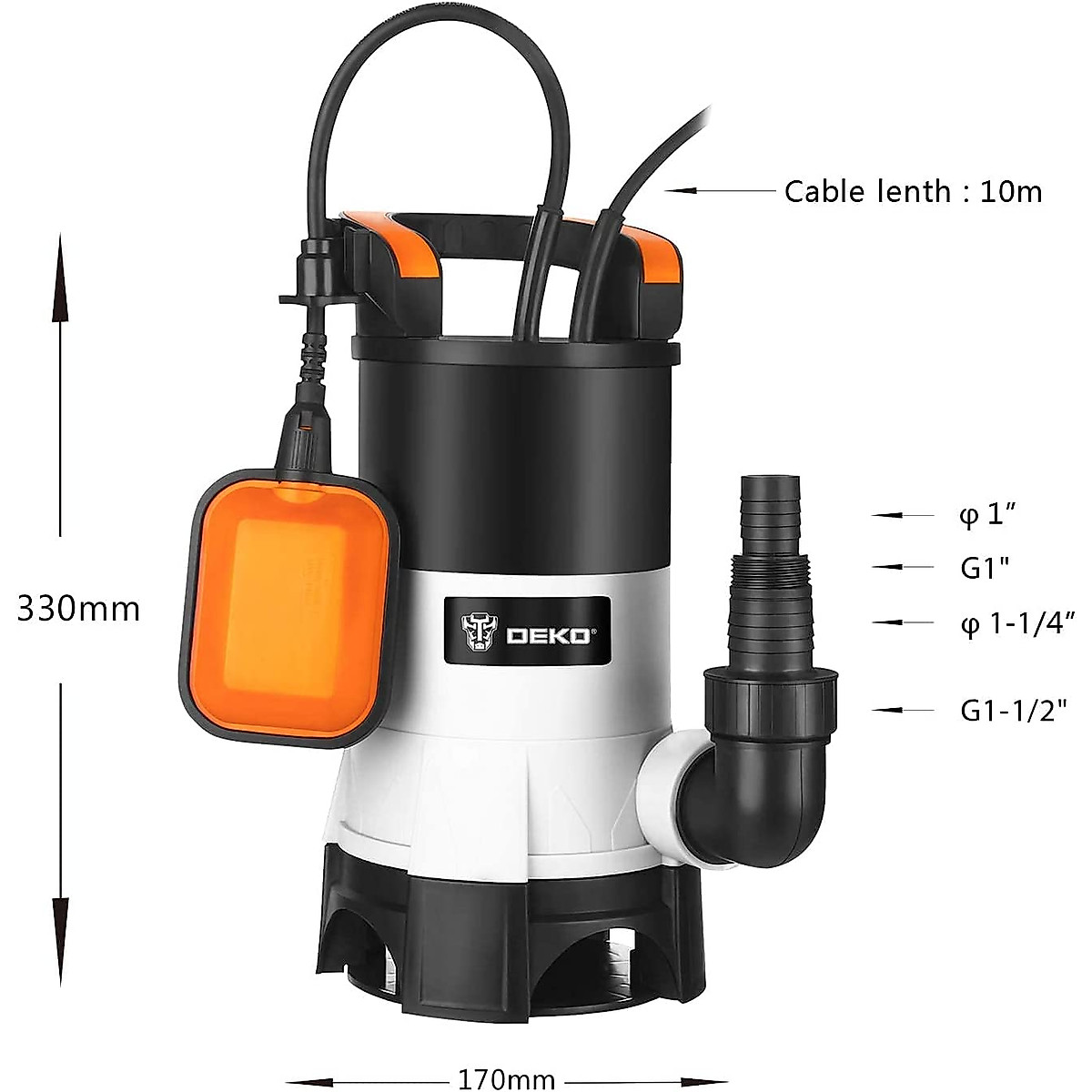 DEKO Sump Pump 1HP 3698GPH 750W Submersible Water Pump with Float Switch and Max Flow 14000L/H for Swimming Pool, Tub, and Garden Irrigation and Long 16ft Cable