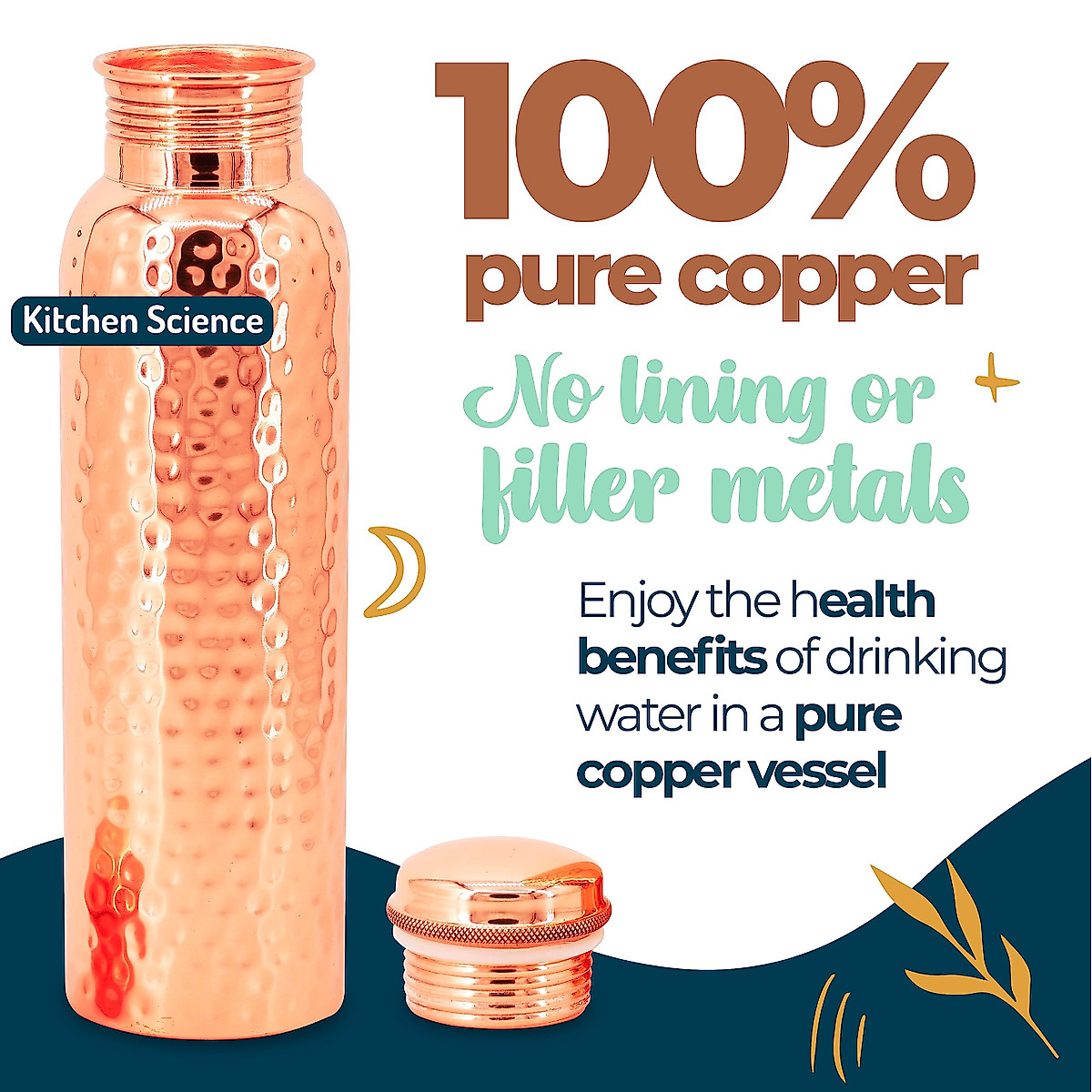 Kitchen Science Copper Water Bottle (32oz/950ml) w/a Carrying Canvas Bag | 100% Pure Copper Bottle for Drinking Water | Lab-Tested, Heavy Duty & Leak-Proof | Authentic Ayurvedic Copper Water Bottle