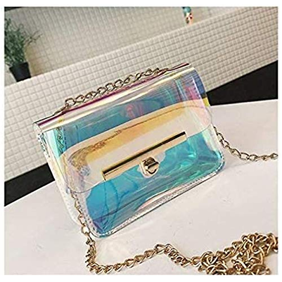 Limmuchi Holographic Shiny Clear Purse Messenger Bag Chain Crossbody Shoulder Bag for Women and Girls (Clear Bag)