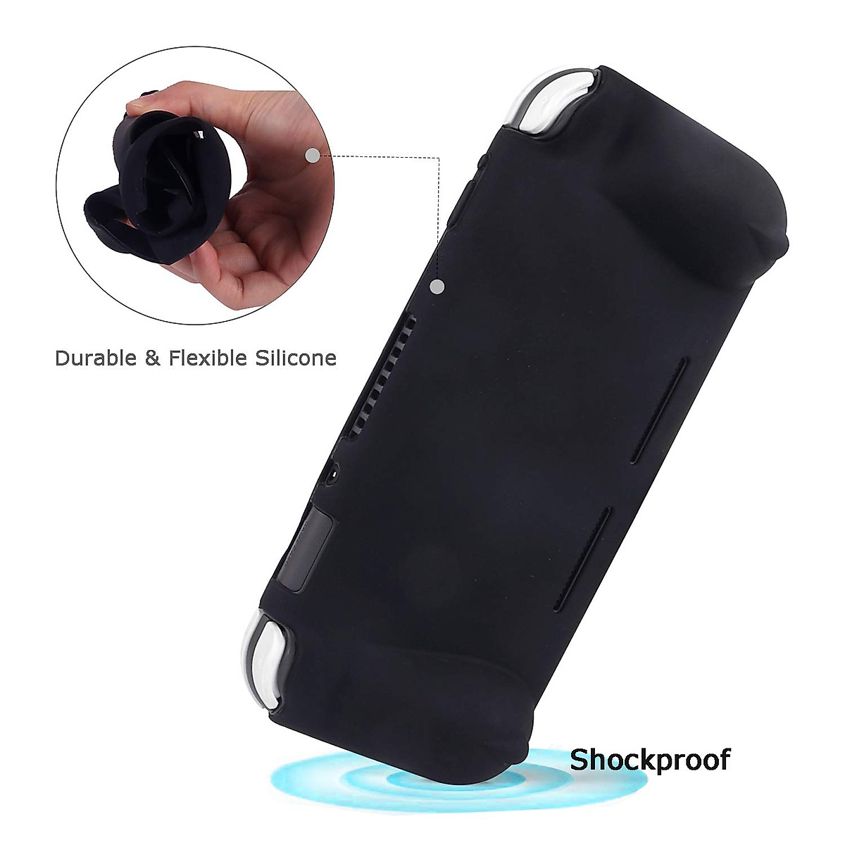 Silicone Protective Case for Nintendo Switch Lite, Soft Grip Case Cover with Comfort Ergonomic Handles for Nintendo Switch Lite 2019 [Self Stand][4 Thumb Stick Caps] (Black)