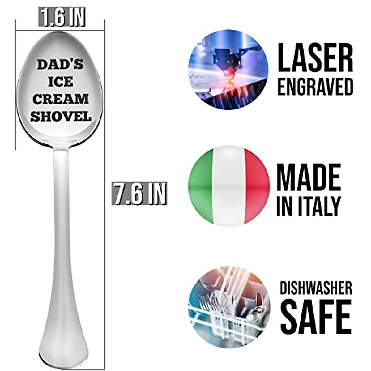Weenca Gifts For Dad, Fathers Day Gift Engraved Spoon Dad's Ice Cream Shovel, Gifts for Men Who Have Everything, Emotional Dad Gifts, Dad Birthday Gift, Made in Italy Stainless Steel Ice Cream Spoon