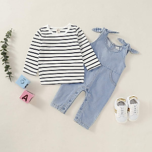 Newborn Baby Girl Clothes Infant Baby Fall Outfits Long Sleeve Stripe Shirt Denim Jumpsuit Romper Jean Overalls Baby Clothes 0-3 Months Unisex