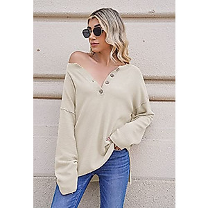 Pink Queen Women's Button Oversized Sweater Batwing Long Sleeve V Neck Henley Top Fall Pullover Knit Jumper Beige XL