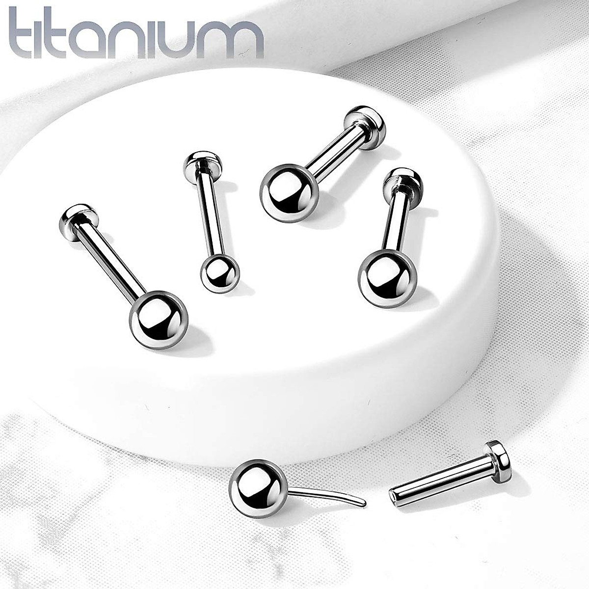 Amelia Fashion Threadless Push In Ball Top Labret Flat Back Stud Implant Grade Titanium for Nose, Cartilage, Monroe, and More (Choose Size) (18GA (1mm) | L.1/4" (6mm) | Ball: 3mm)
