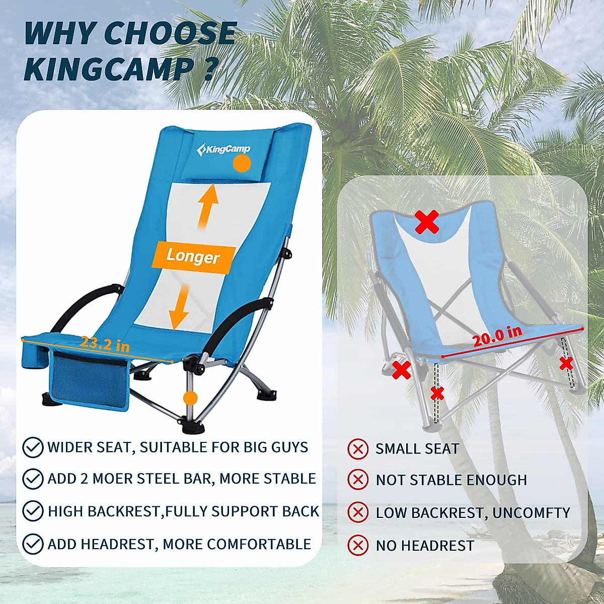 KingCamp Folding Beach Chair 2 Pack High Back Lightweight Portable Backpack Chair with Headrest, Cup Holder for Camping Outdoor Sand Concert Lawn Festival Sports, Blue