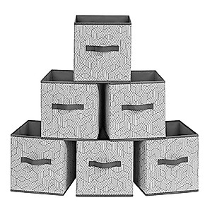 SONGMICS Storage Cubes, Set of 6 Non-Woven Fabric Storage Bins, Cube Drawers for Shelves and Closet Storage, Foldable, for Clothes Toys, Gray with Zigzag Pattern UROB016G01