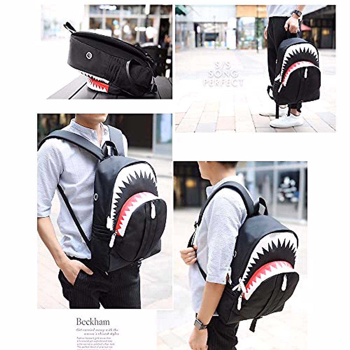COCONONO School Backpack Shark Luminous Laptops Backpack with USB Charging Port, Water Resistant Unisex Daypack Travel Rucksack Black
