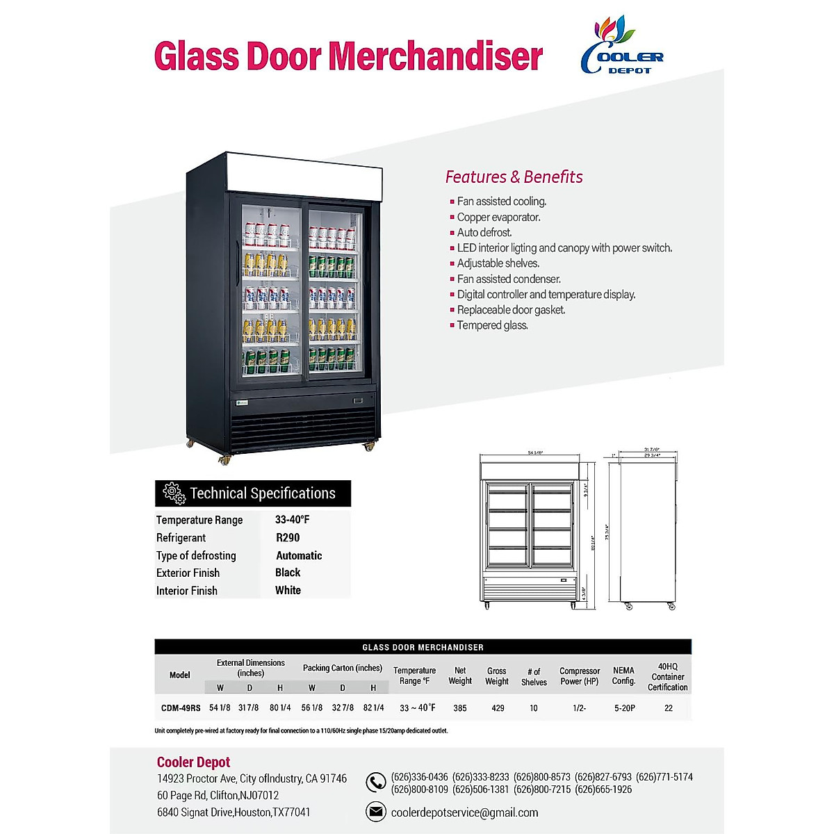 Commercial Refrigerator Glass 2-Door Sliding Door Merchandiser Display Cooler Case Fridge NSF, Bottom-Mounted, 54 inches width, capacity 47 cuft 110V, Restaurant Kitchen CDM-49RS