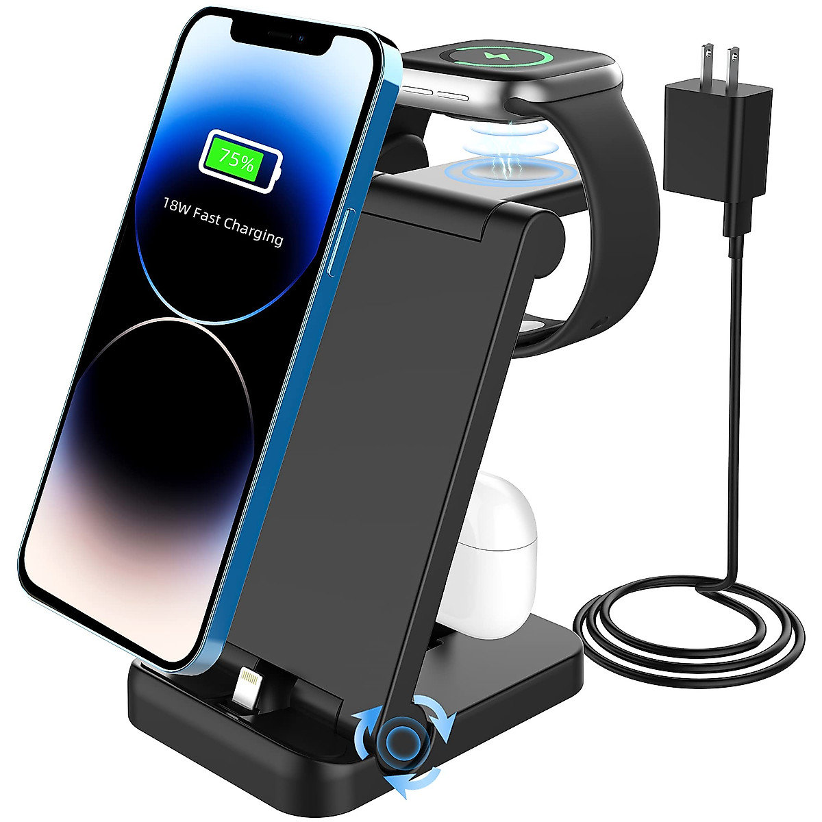 Charging Station for Apple Multiple Devices, １８𝐖 𝐅𝐨𝐥𝐝𝐚𝐛𝐥𝐞 ３ 𝐢𝐧 １ Charger Dock Stand for iPhone 14 Pro Max/13/12/11/X/8 Plus, Fast Charger Station Suitable for iPhone, iWatch, AirPods