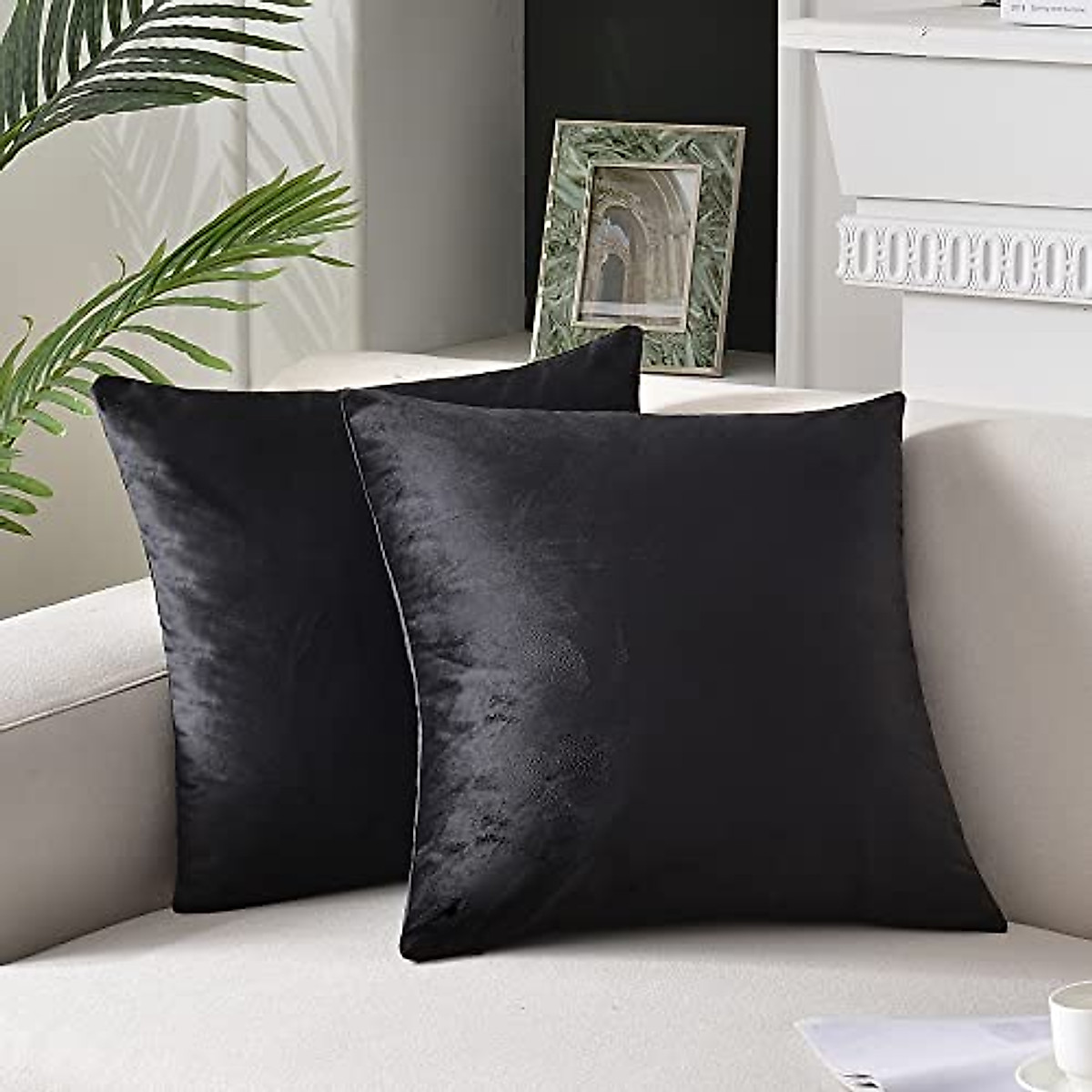 Krifey Throw Pillow Covers Velvet Decorative Square Pillowcase Soft Cushion Case for Couch Bedroom 18x18 Inch Black, Pack of 2