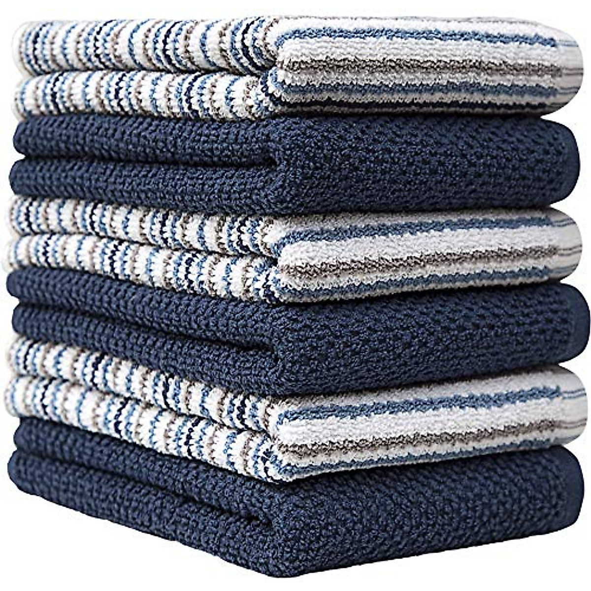 Kitchen Towels 16”x 26”- 6 Pack | Large Cotton Kitchen Hand Towels | Dish Towels | Popcorn Stripe Design | 400 GSM Highly Absorbent Tea Towels Set with Hanging Loop | Dish Towels for Kitchen | Blue