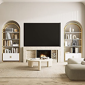 Jehiatek Gold Bookshelf, Arched Bookcase with Doors Storage, 71" Tall Industrial Book Shelf with Sturdy Metal Frame, E1 Quality Boards, Freestanding Display Shelving Unit, White and Gold