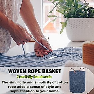 Twira Extra Large 20x16 Inches Cotton Rope Basket, Woven Baby Laundry Blanket Basket with Leather Handle Toy Basket Storage Baskets Bin for Yoga Mat & Towel (Blue）