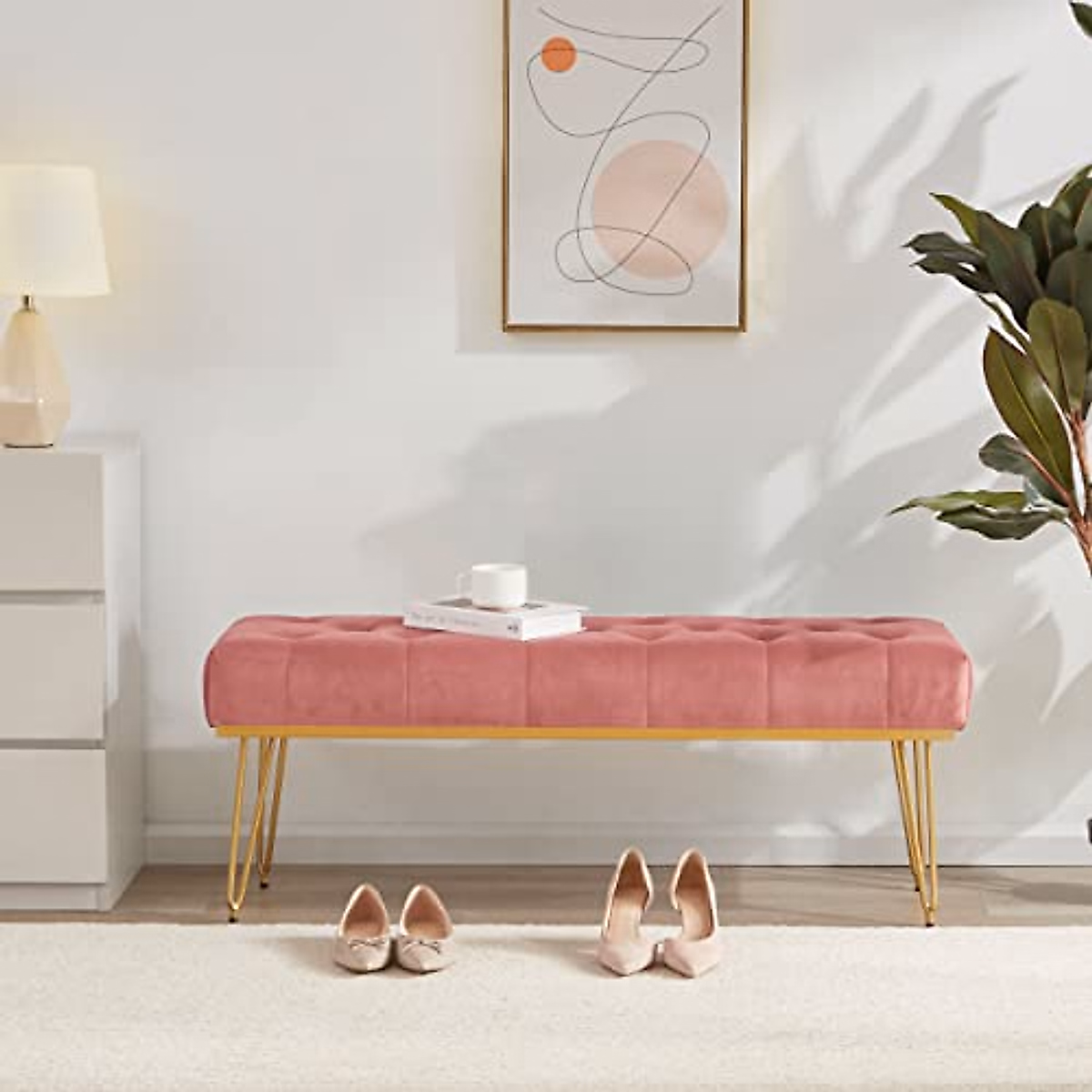 Kingfun Velvet Bedroom Bench with Gold Base&Metal Legs, Tufted Upholstered End of Bed Bench, Indoor Benches for Entryway Dining Living Room Window, Accent Ottoman Bench long Seat Foot Rest Stool(Pink)