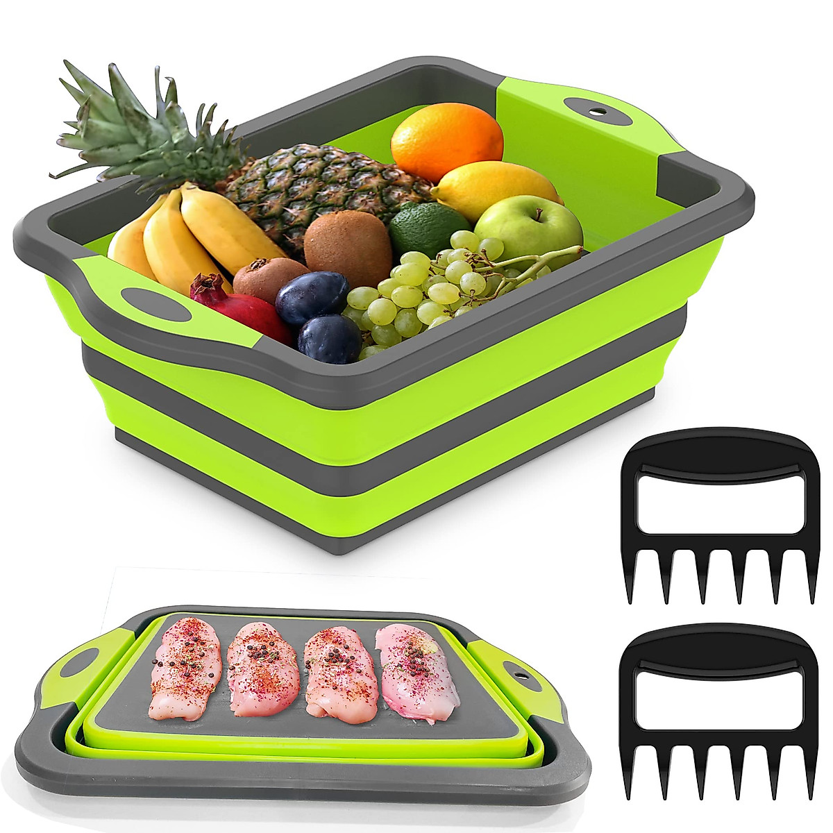 SNUG VIBES BBQ Prep Tub - Collapsible Chopping Board with Meat Shredder Claws - Food Grade Plastic and Silicone Collapsible Wash Basin for Seasoning, Meat, Veggies – Meat Cutting Board - Camp Kitchen