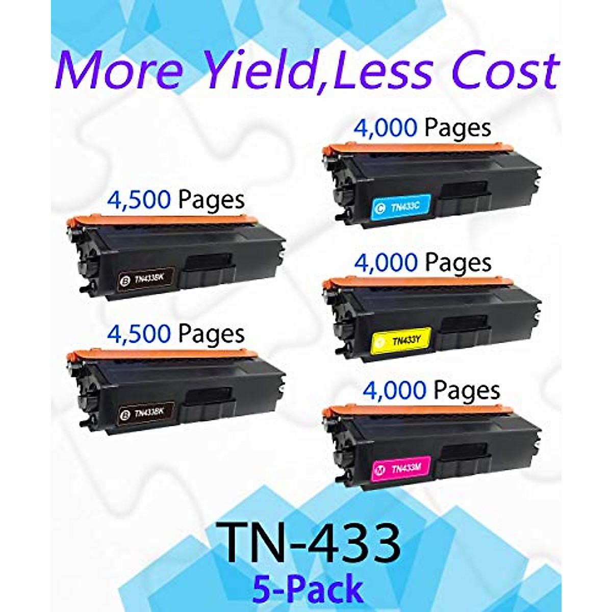 (5-Pack, 2X BK/C/M/Y) Compatible TN-433BK TN-433C TN-433M TN-433Y Toner Cartridge TN-433 for Brother HL8260CDN L8360CDW TL9310CDW MFC-L8690CDW L8610CDW Printer, Sold by EasyPrint