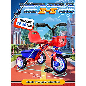 Tricycle for Toddlers 1-3 3-5 Year Olds, Spidern Toddler Bike Baby Balance Bike with Colorful Lighting Wheels & Large Basket, Birthday Gift and Toy for 1 2 3 4 5 Year Olds Boys and Girls
