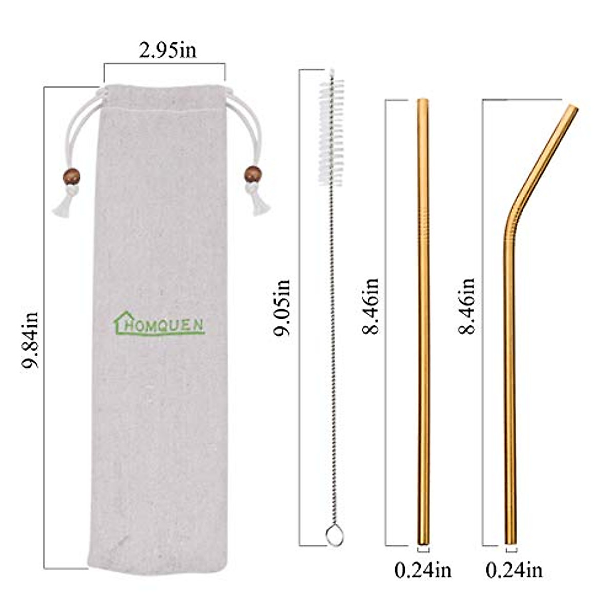 18 Piece Gold Stainless Steel Straws, 8.5 '' Reusable Drinking Straws,with Portable pouch,Suitable for wine and cold drinks (8 Straight/8 Bent/2 Brushes)