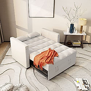 wirrytor 3 in 1 Multi-Functional Convertible Sleeper Sofa Bed, Modern Loveseat Sofa Couch Velvet Pull Out Bed with Reclining Adjustable Backrest &Hidden Table for Apartment Living Room Bedroom(Beige)