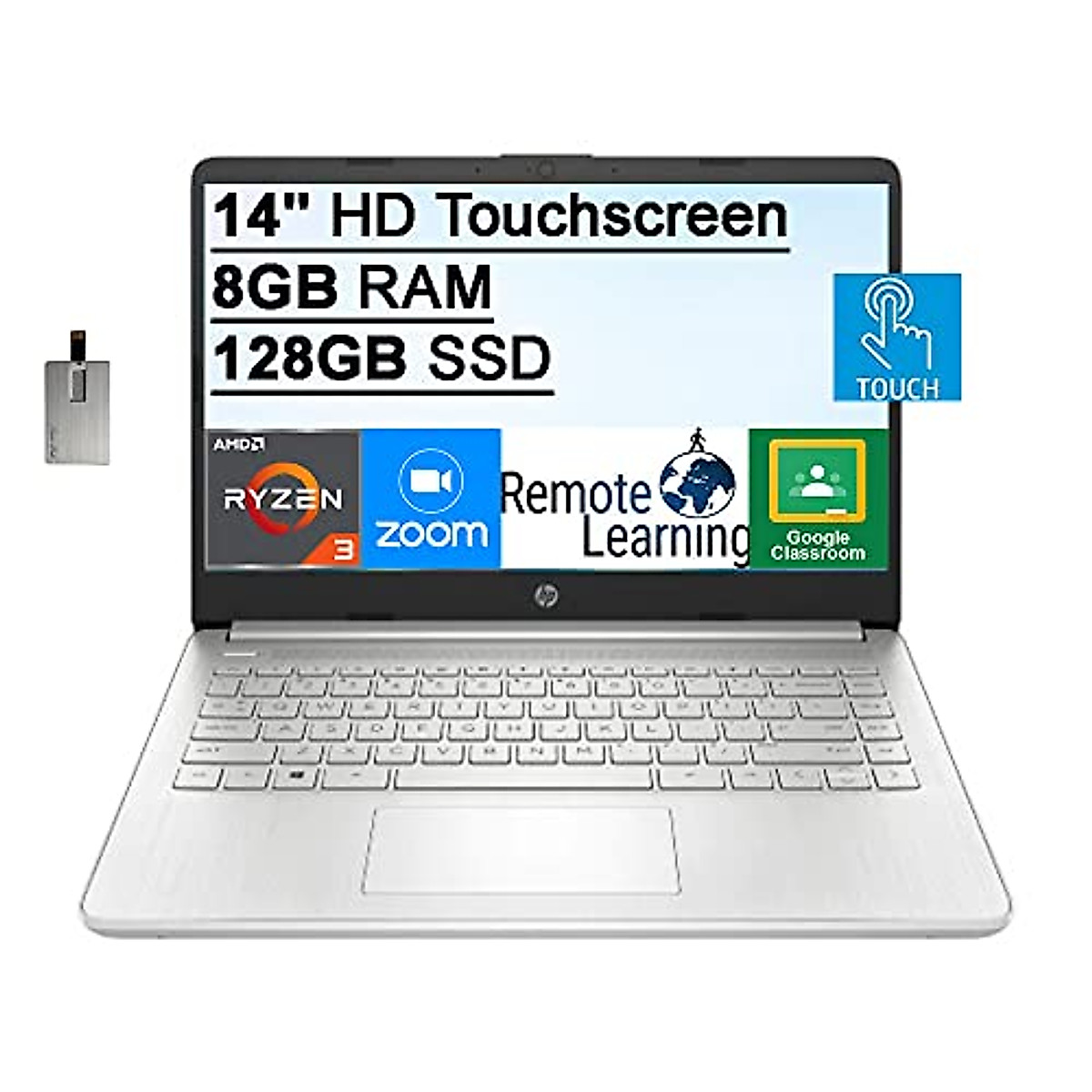 2022 HP 14" HD Touchscreen Laptop Computer, AMD Ryzen 3-3250U Processor, 8GB RAM, 128GB SSD, HD Audio, 720p HD Webcam, AMD Radeon Graphics, Bluetooth, HDMI, Windows 11, Silver, 32GB SnowBell USB Card