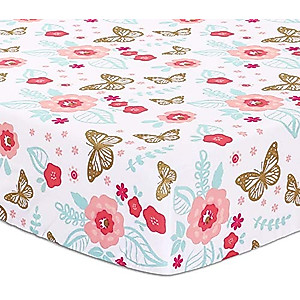 The Peanutshell Aflutter Crib Bedding Set for Baby Girls - 3 Piece Floral Nursery Set - Baby Blanket, Crib Sheet, Crib Skirt