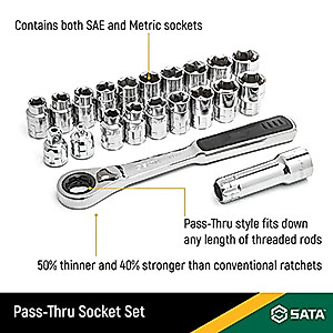 SATA 21-Piece Pass-Thru® Socket Set, 3/8-Inch Drive Metric/SAE Sizes, with a Professional Pass-Thru Design and a Black Storage Case - ST09134SJ