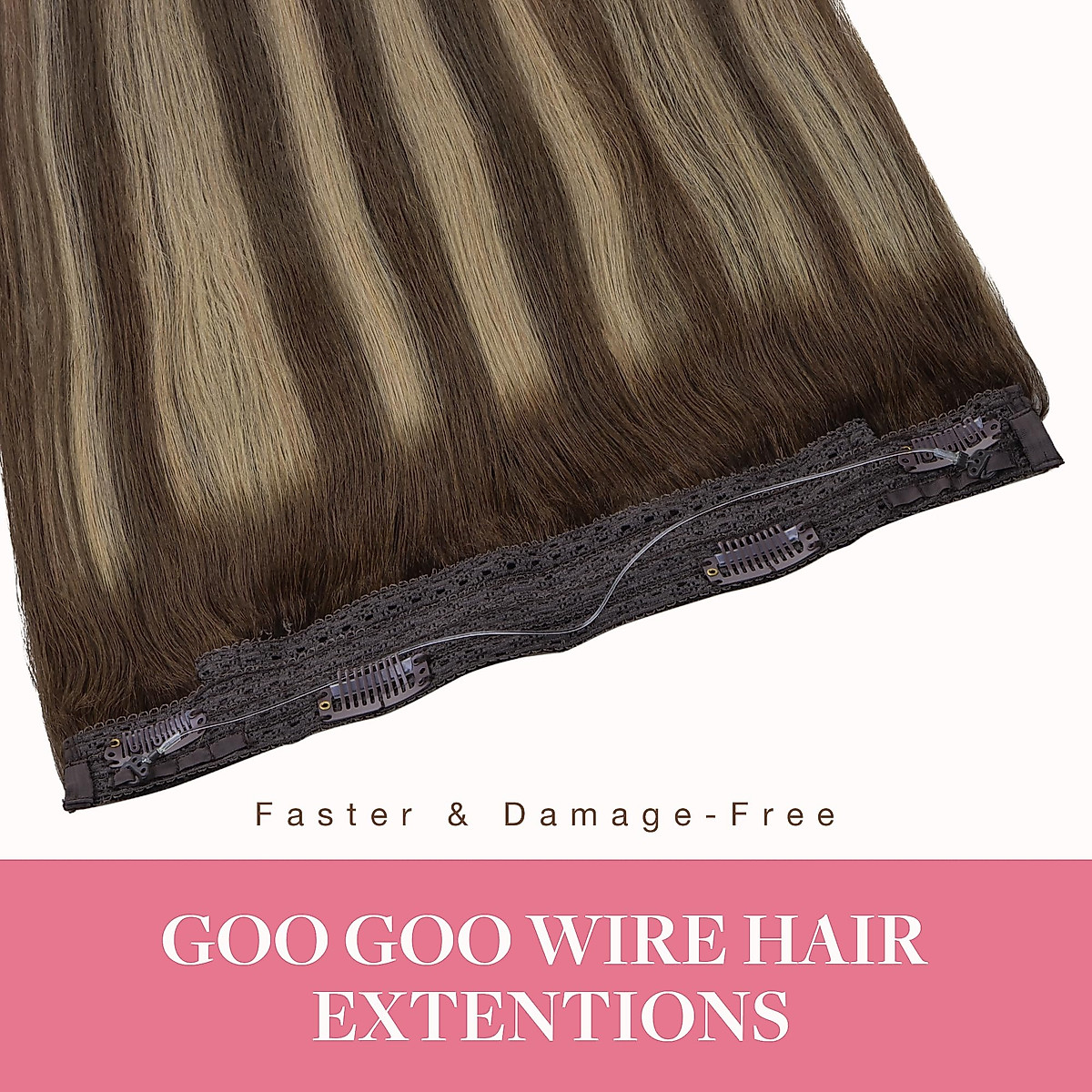 GOO GOO Wire Hair Extensions Human Hair, 4/26/4 Chocolate Brown with Honey Blonde Balayage 14inch 75g, Invisible Wire Hair Extensions with Transparent, Seamless Fish Line Hairpiece