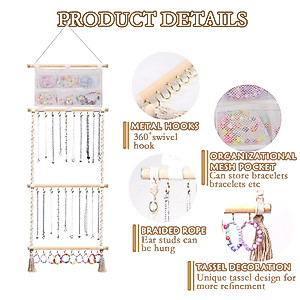 Lilcolat Hanging Jewelry Organizer Macrame Necklace Holder with 30 Hooks Wall Mounted Jewelry Hanger Over Door Necklace Rack with Tassel for Necklaces Bracelet Earrings Display Headband Bow Organizer