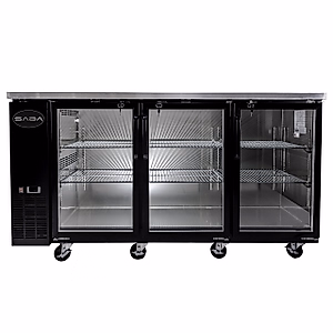 72" Commercial 3 Door Back Bar Beer Bottle Beverage Can Cooler Refrigerator, Black, with Stainless Steel Top and Glass Doors