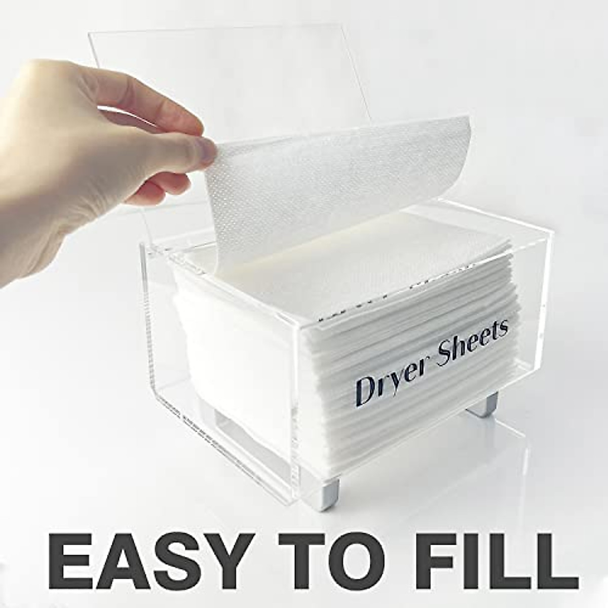 YoBa 3mm Thick Acrylic Dryer Sheet Holder Rectangular Clear Dryer Sheet Holder with Silver Plated Aluminum Legs for Laundry Room Organization and Decoration
