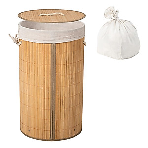 Btamree Laundry Hamper with Lid, Bamboo Laundry Basket with Handles & Removable Liner, 12.7 Gal (58L) Foldable Laundry Hamper for Laundry Room, Bedroom, Bathroom, Living Room (Round Natural)