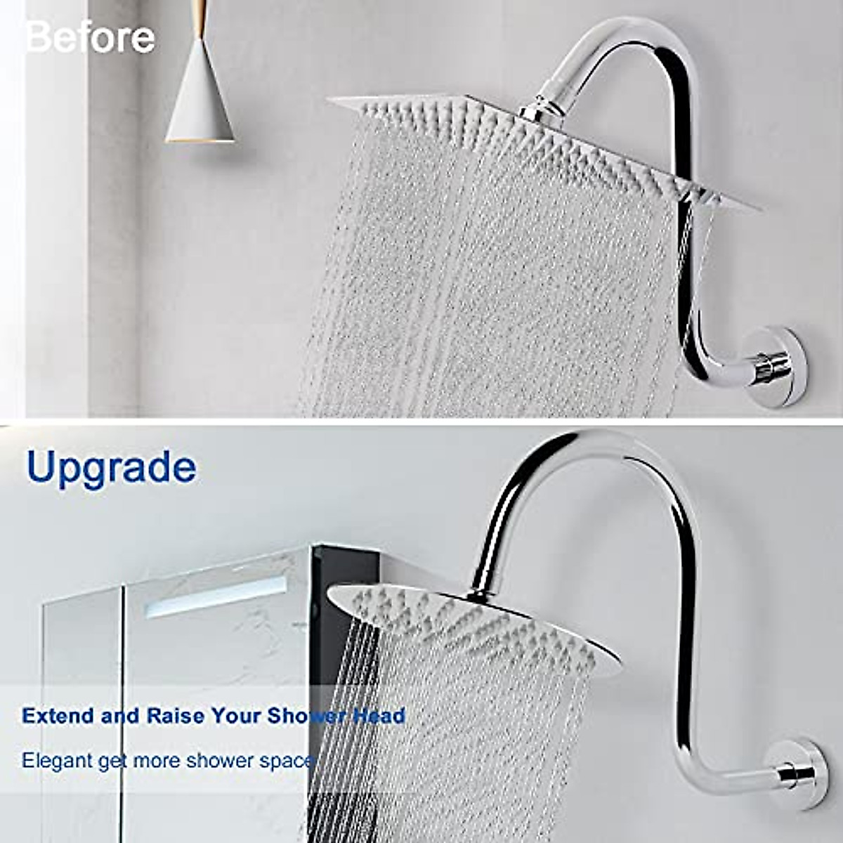 NearMoon High Rise S Shape Shower Extension Arm, Shower Head Extender Shower Arm with Flange, Standard 1/2" Connection- Bathroom Accessory, 13 Inch (Chrome Finish)