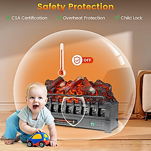 Tangkula 26” Electric Fireplace Log Set Heater with Remote, 5 Flame Modes & Brightness, Thermostat Control, 8H Timer, Realistic Lemonwood Ember Bed, Infrared Quartz Electric Fireplace Insert, 1500W