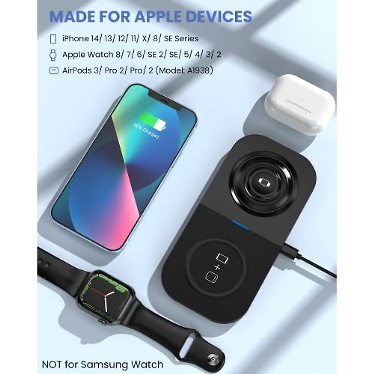 Dual Wireless Charger for iPhone and Watch,Duo Charging Pad for Apple Watch 8/7/6/SE/5/4/3/2, iPhone 14/13/12/11/X/8/SE Series.