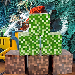 Outus 6 Pcs Large Pixel Mine Party Boxes 11.8 Inch Halloween Trunk or Treat Car Decoration Pixel Miner Video Gaming Box Pixelated Party Favor Vintage Grass Green Brown Birthday Centerpieces Xmas