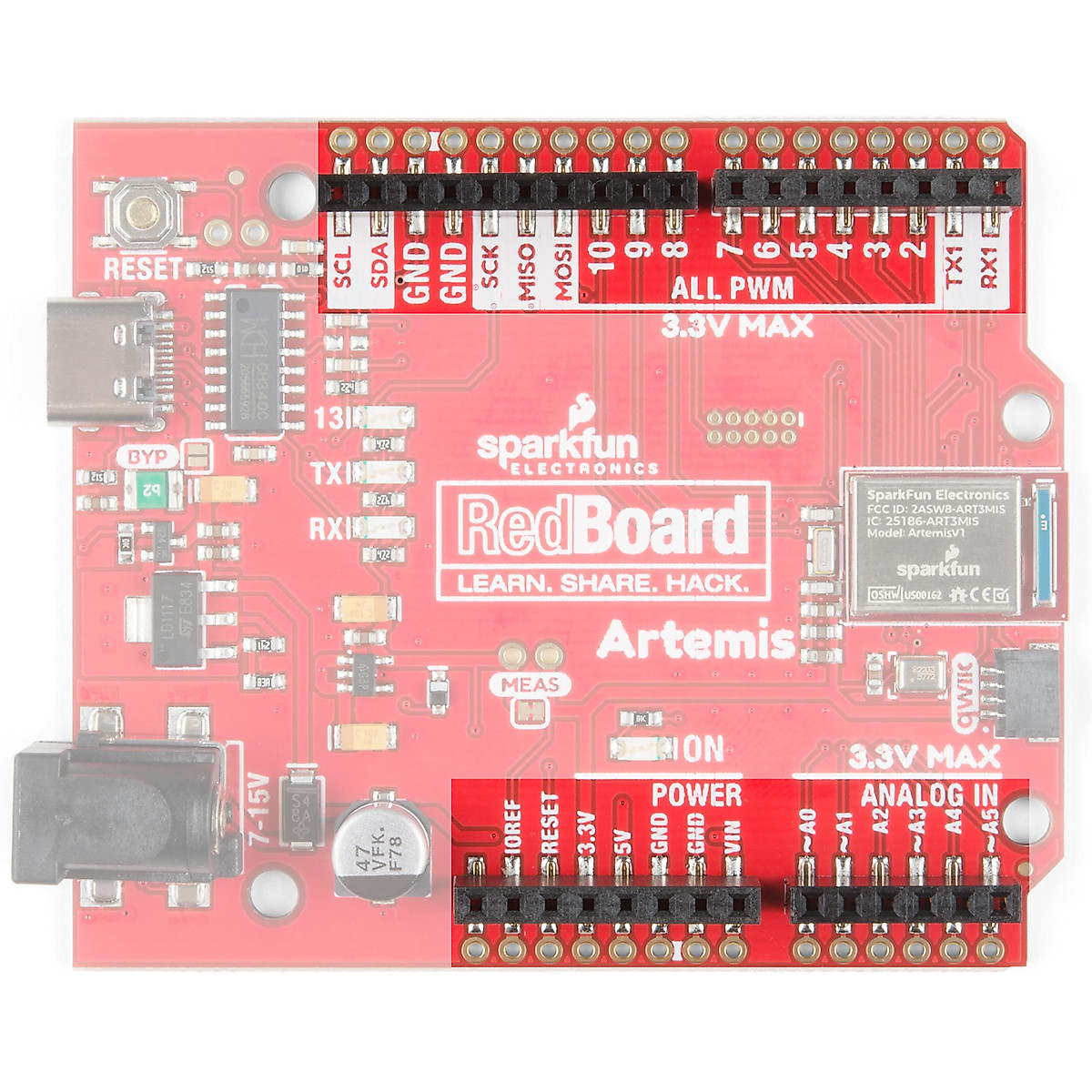 SparkFun RedBoard Artemis Machine Learning Development Board Includes BLE One megabyte of Flash USB-C connector Qwiic I2C MEMS microphone Compatible with Arduino IDE Run TenserFlow models R3 footprint
