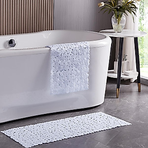 Webos Bath Shower Mat Non Slip: Extra Large Pebble Bathtub mat for Kids, Elderly, Anti Slip Shower Matt with Drain Holes Suction Cups Tub Mat - 16 X 40 Inch White