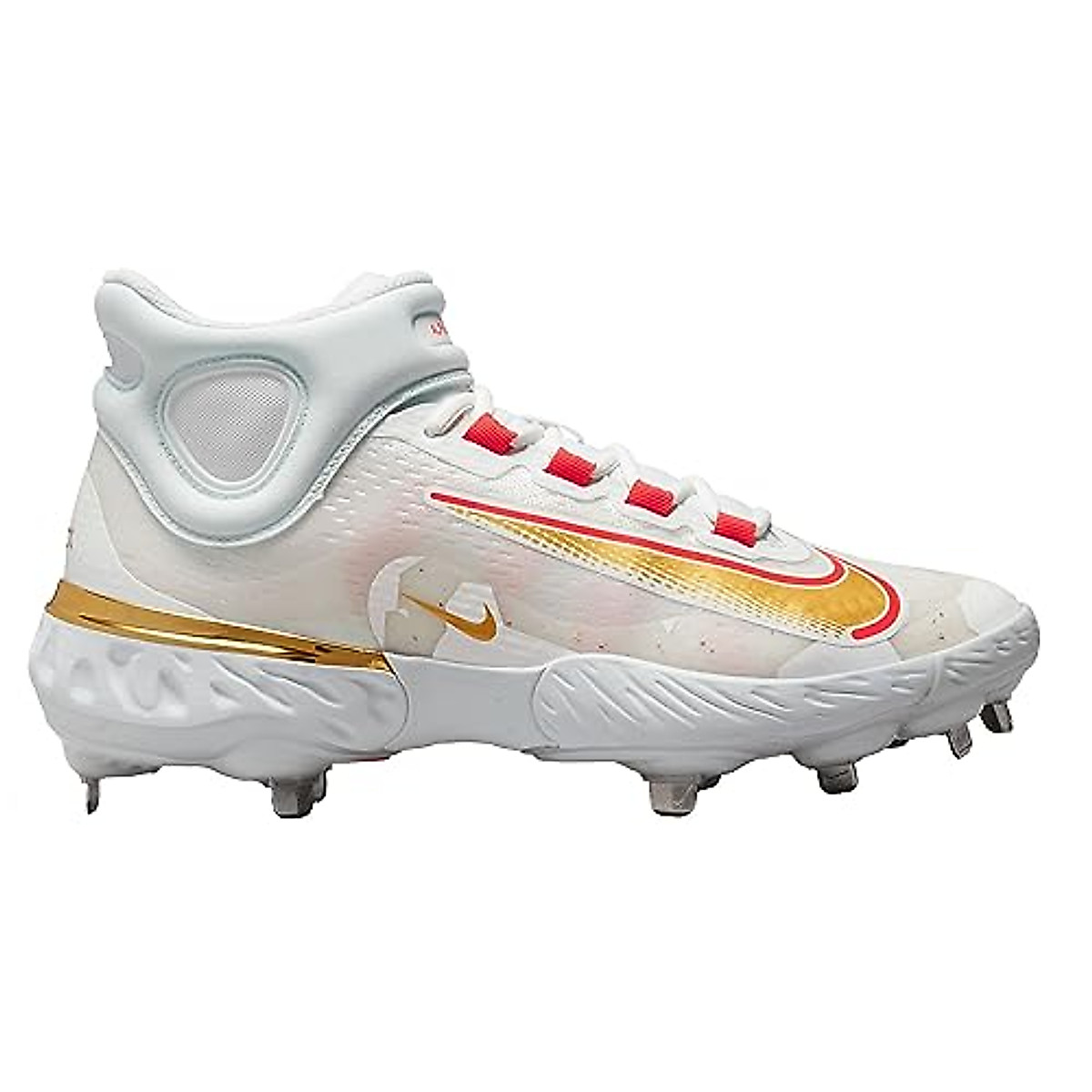Nike Alpha Huarache Elite 4 Mid FD2744-161 Playoff Pack White-Gold-Red Men's Metal Baseball Cleats 15 US