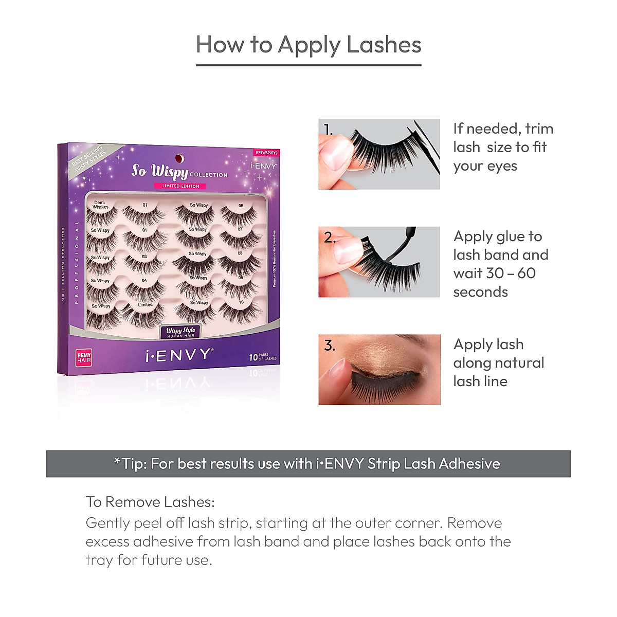 i-ENVY 10 Pairs So Wispy Human Hair Eyelashes Multipack, Natural Dramatic Fluffy False Lashes - Invisible Band, Volume & Curl, Lightweight, Reusable