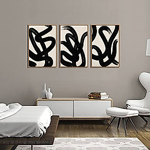 Framed Wall Art Canvas Set Abstract Lines Pictures Modern Mid Century Boho Wall Decor Minimalist Abstract Black Stroke Lines Canvas Painting Artwork Living Room Bedroom Home Office 16"x24"x3 Natural