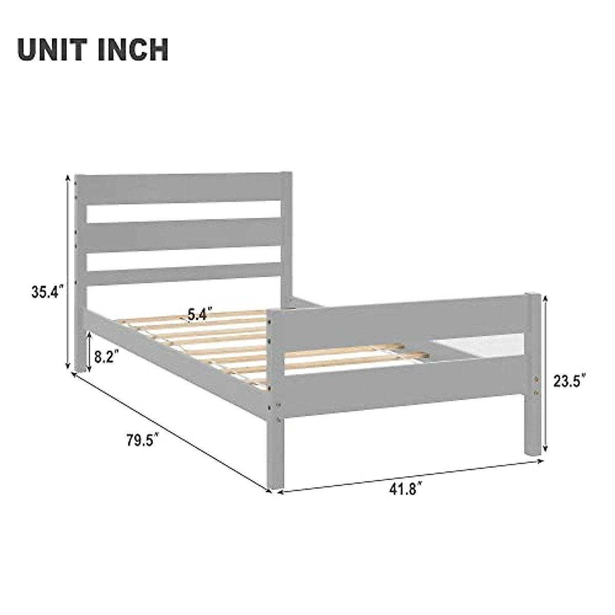 Twin Size Bed Frame, Twin Platform Bed with Headboard and Footboard, Solid Wood Twin Bed for Kids Boys Girls Teens Adults,No Box Spring Needed, Gray