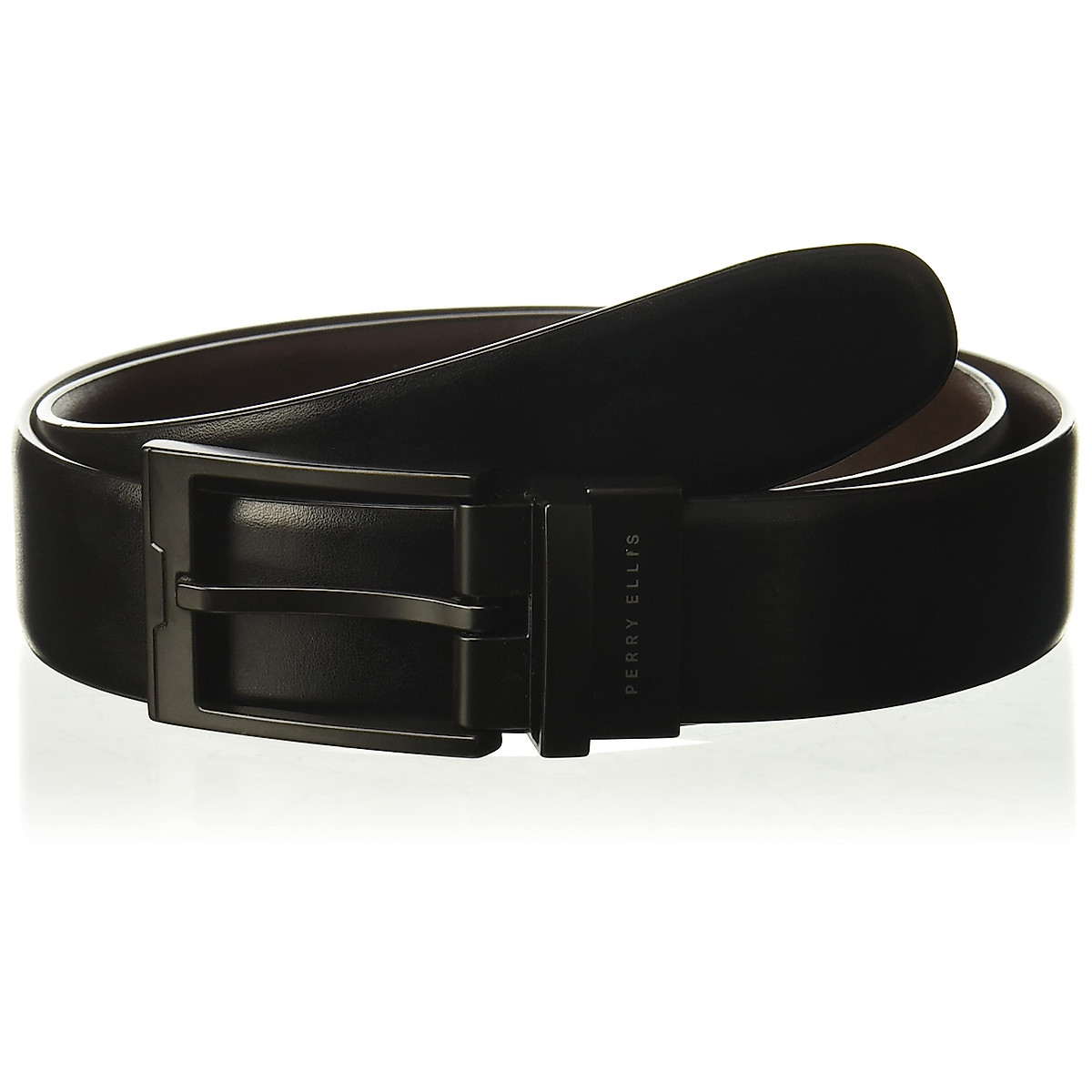 Perry Ellis Men’s Cop Belt with Burnished Edges and a Black Prong Buckle, Reversible Leather Belt for Men, Black, 32