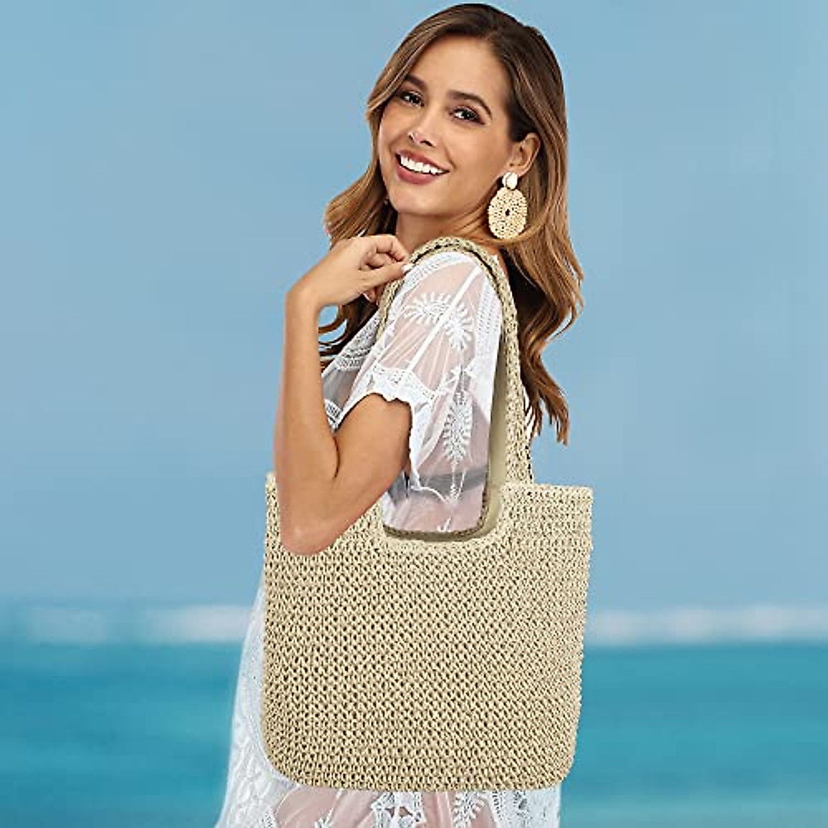 Women Large Straw Beach Bag Handmade Woven Shoulder Bags Hobo Tote Handbag Purse for Summer (A Beige)